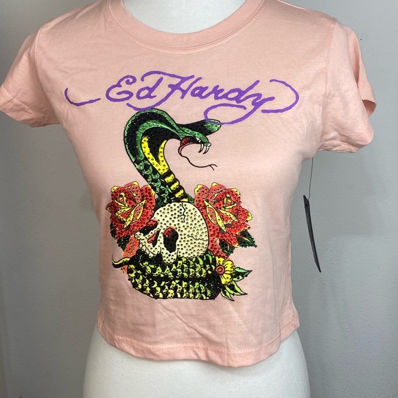 Ed Hardy | Tops | Ed Hardy Rhinestone Rose Cobra Baby Tee Cropped ...